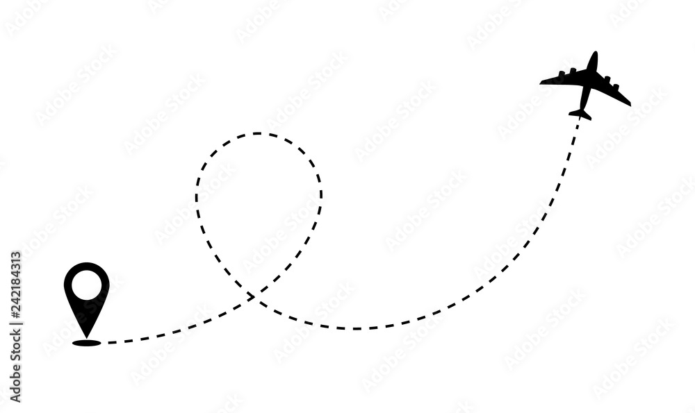 Airplane route path icon. Vector plane flight line trace, travel fly ...