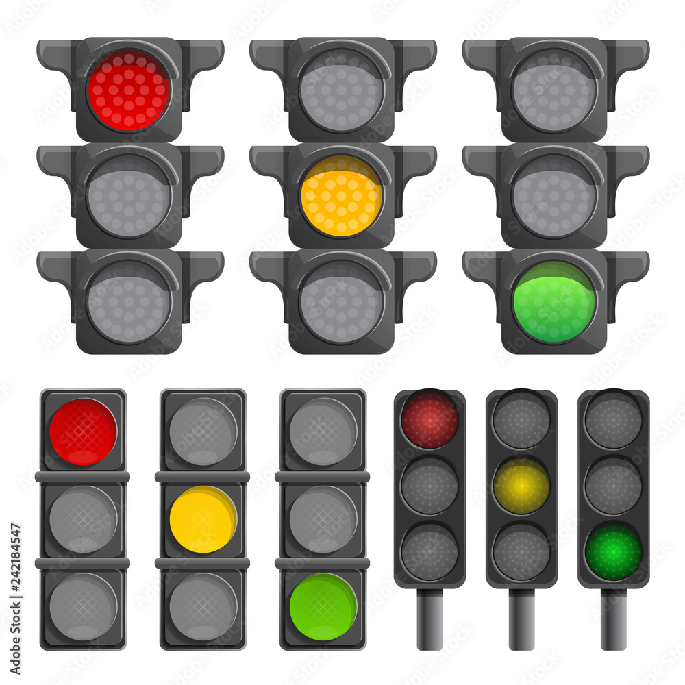 Traffic lights icon set. Cartoon set of traffic lights vector icons for ...