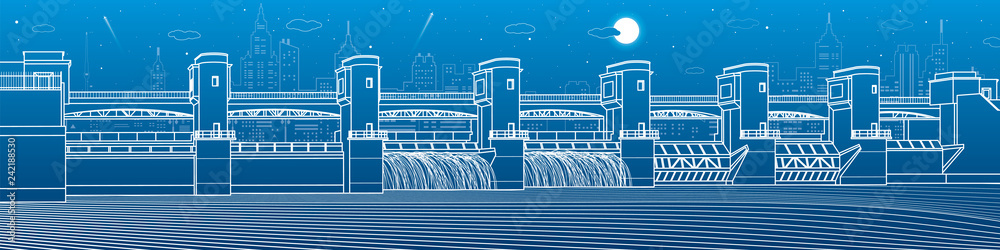 Hydro power plant. River Dam. Energy station. Water power. City ...