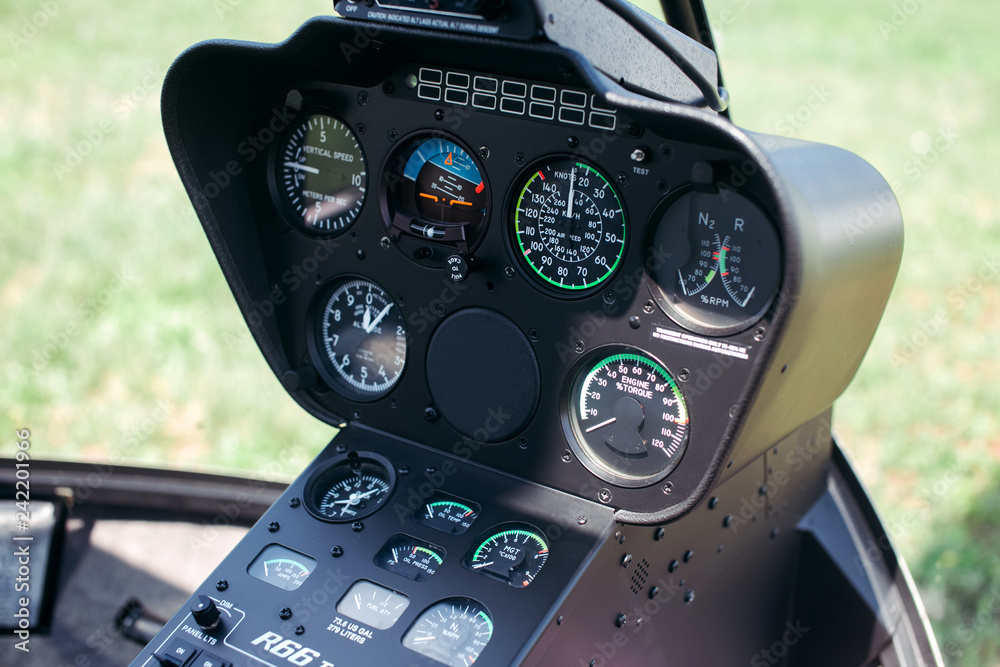 Helicopter Robinson r66 cabin inside view. Control and instrumental ...