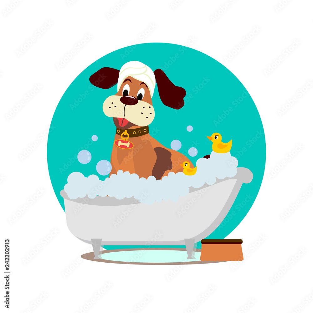 Dog grooming. Cute dog taking a bath. Vector cartoon style illustration ...