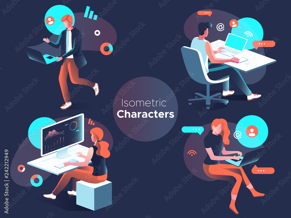 People work and interacting with graphs, icons and devices. Data ...