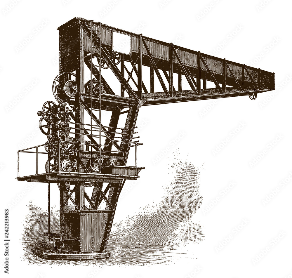 Antique swing jib crane, after engraving from the 19th century Stock ...