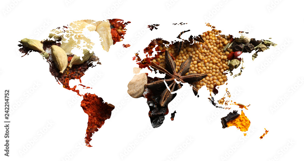 World map of different aromatic spices on white background. Creative ...