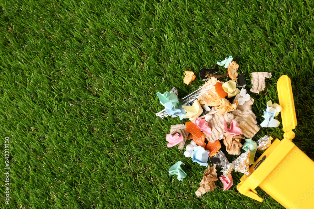 Trash bin and different garbage on green grass, top view with space for ...