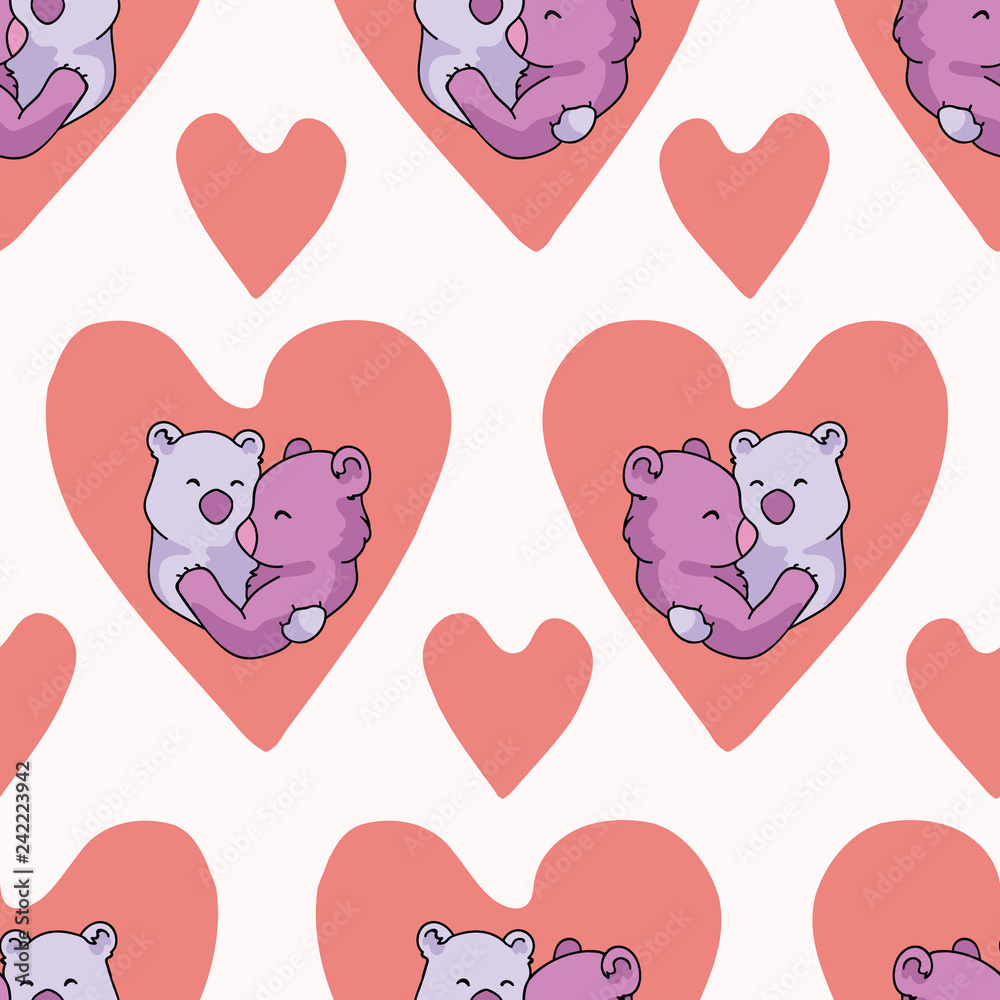 Vector coral bear hug hearts. Seamless repeat pattern. Hand drawn 2 ...