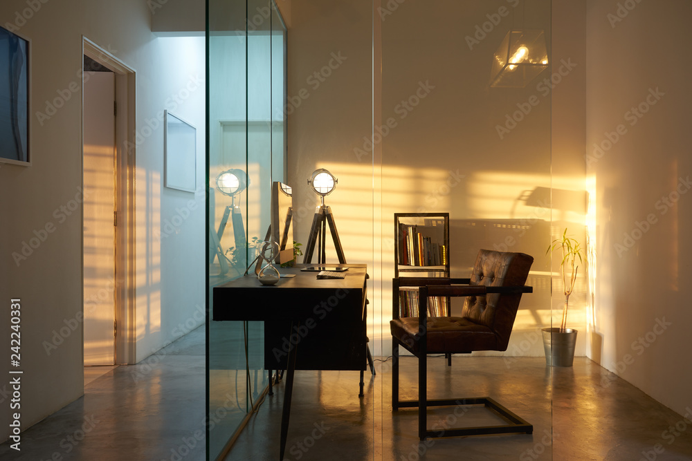 Soho office interior with sunset golden hour lighting and shadow , loft ...