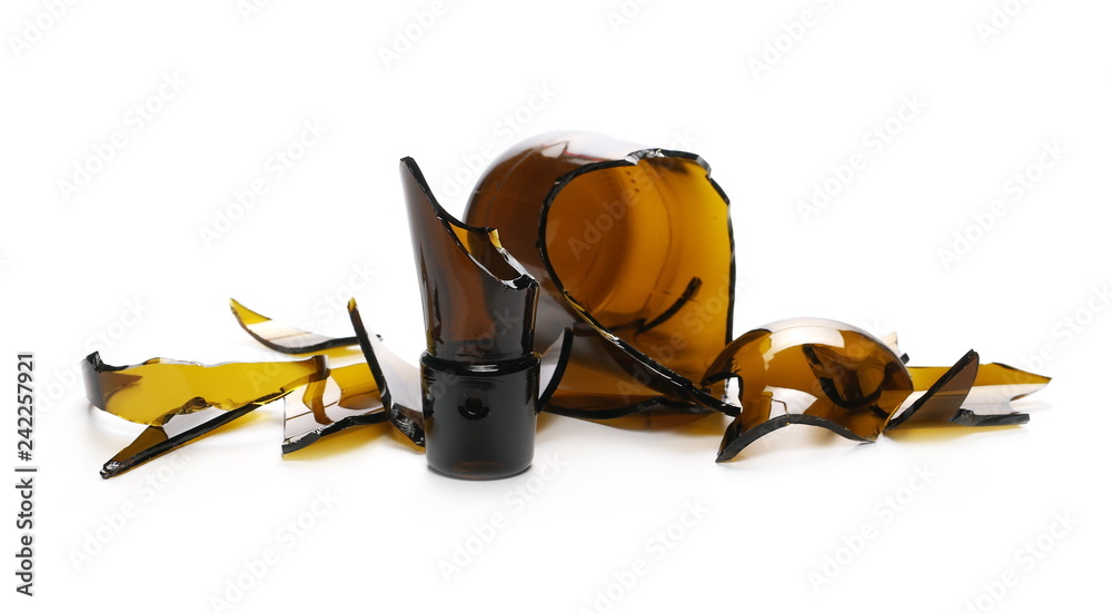 Glass shards, broken beer bottle isolated on white background, clipping ...