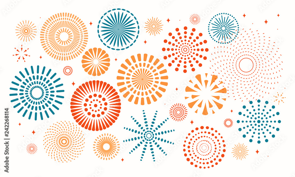 Colorful fireworks on white background. Vector illustration. Flat style ...