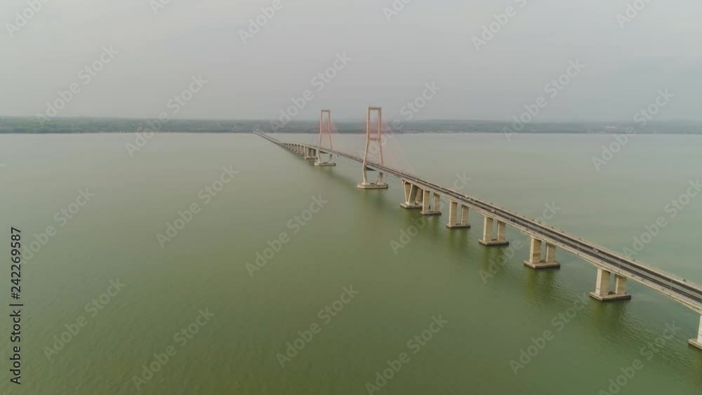 aerial view suspension cable bridge Suramadu over madura strait ...