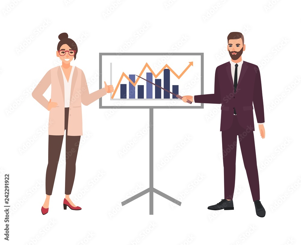 Male office worker making presentation in front of female boss ...