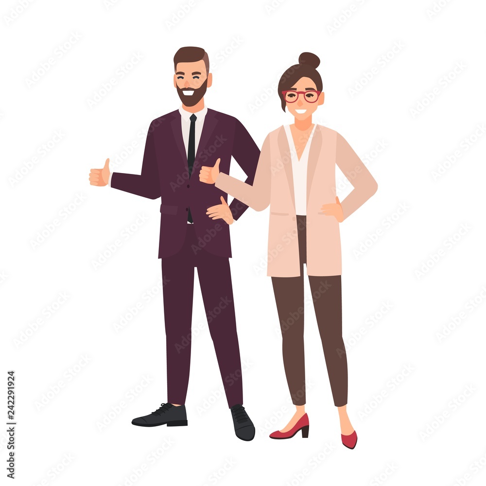 Pair of office workers standing together and demonstrating thumbs up ...