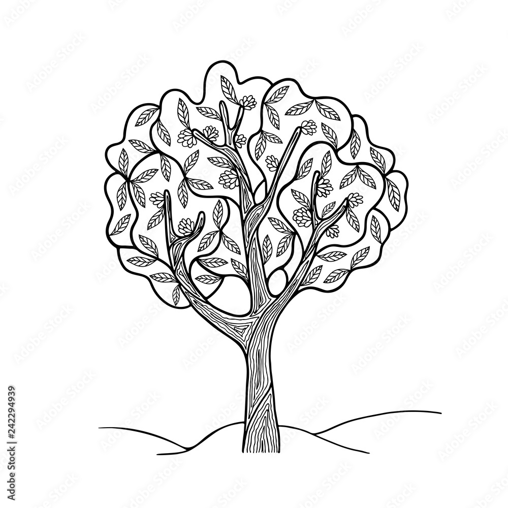 Hand drawing doodle flowering ash-tree with leaves. Stylization and ...