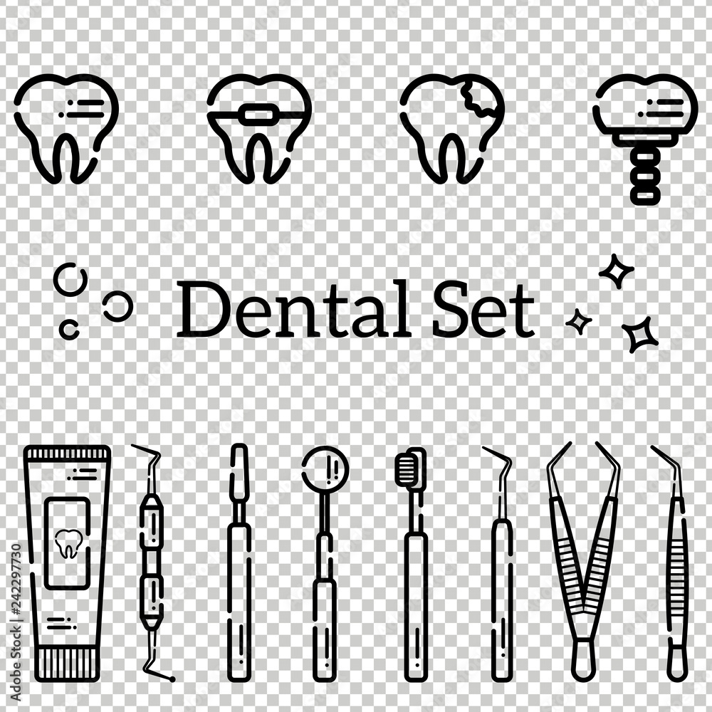 Vector set of flat dental tools and teeth with caries, braces and an ...
