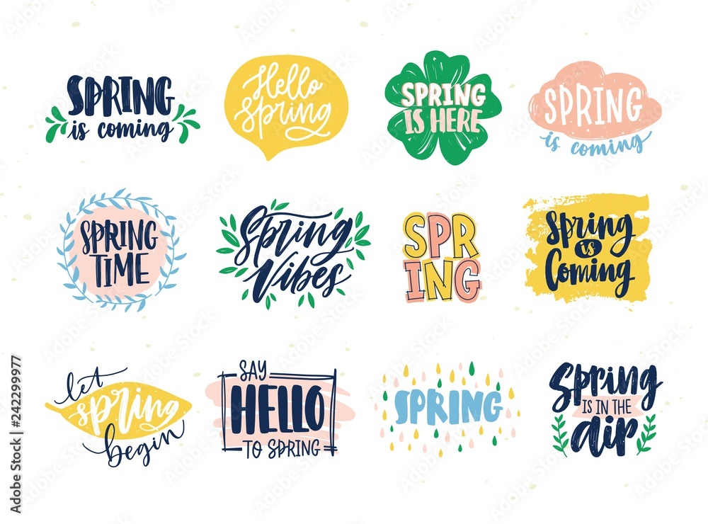 Collection of spring slogans or phrases written with creative fonts and ...