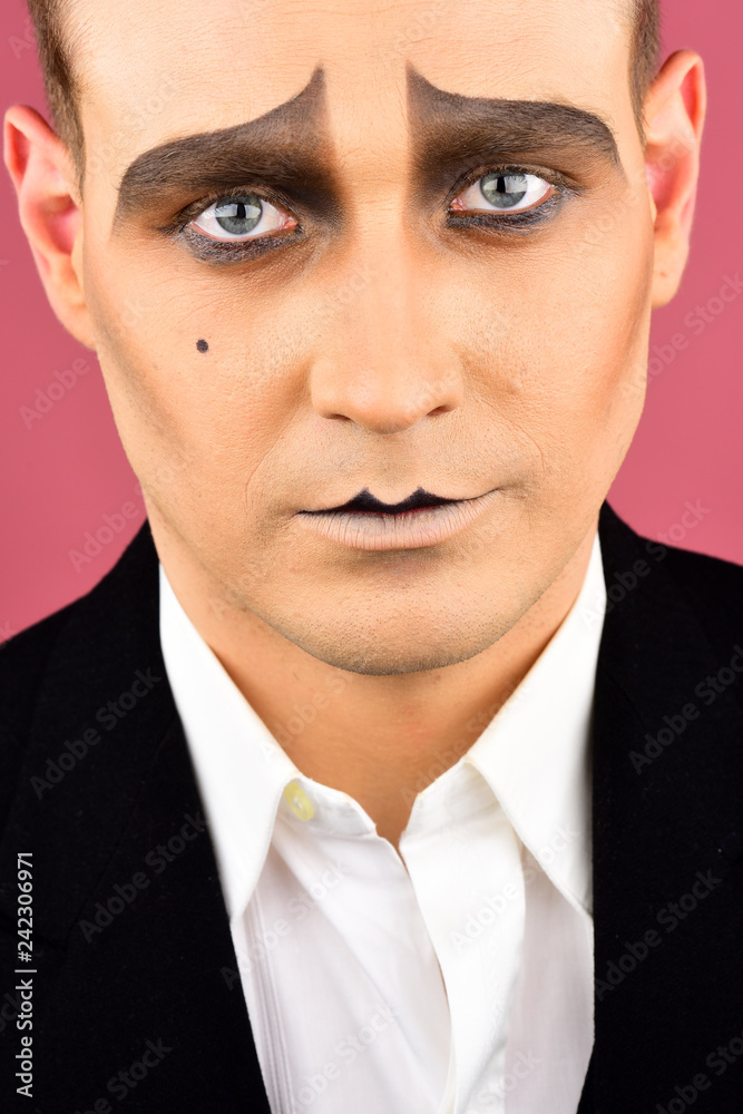 Sad face. Mime artist. Comedian or tragedian performer. Mime with face ...