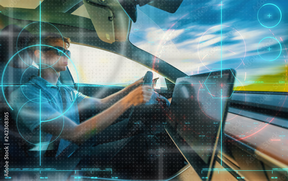 Computer assisted driving car technology theme with speed motion blur ...