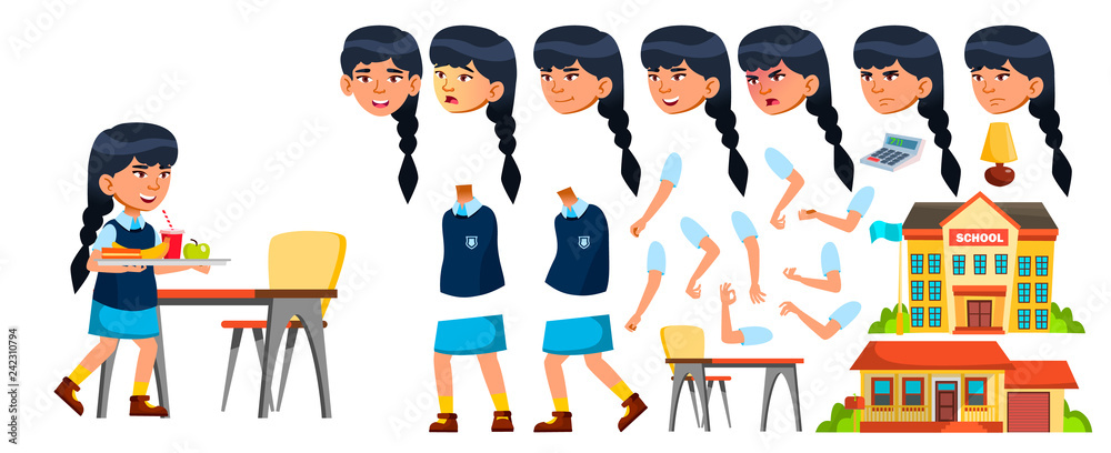 Asian Girl Vector. Primary School Child. Animation Creation Set. Face ...