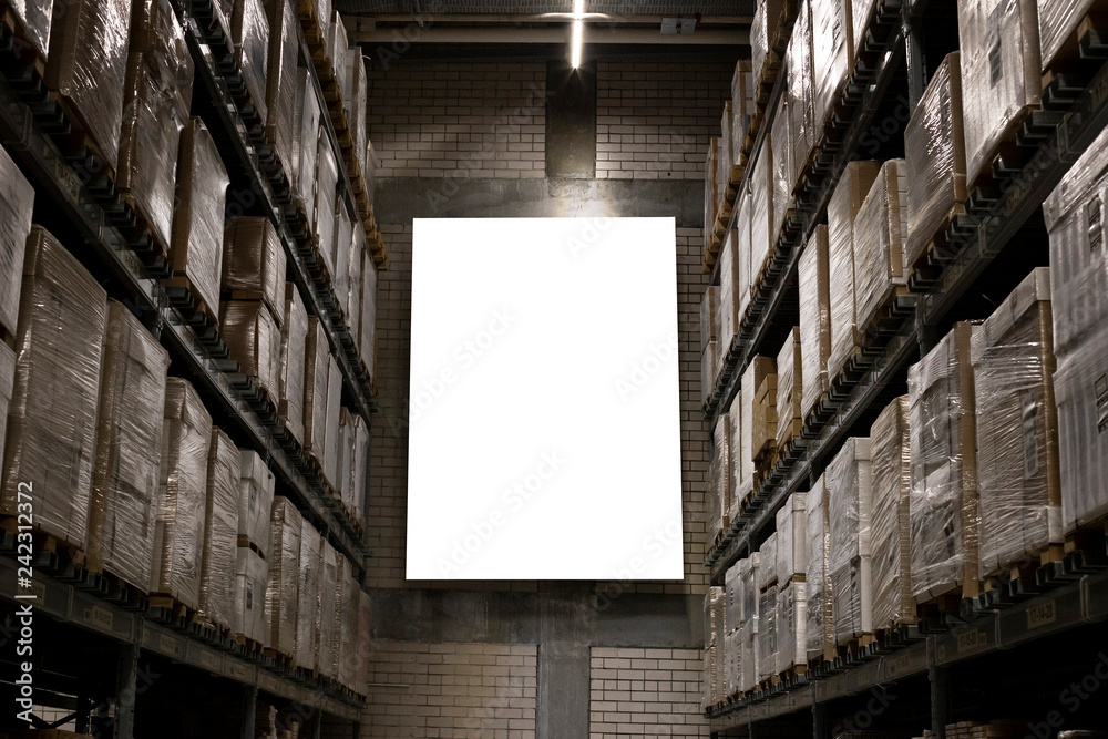 blank mockup advertising with copy space on the wall of the warehouse ...