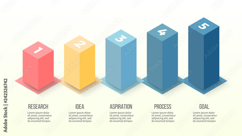 Isometric infographics. Bar chart, graph with 5 steps, options. Vector ...