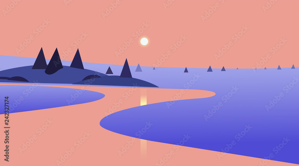 Nature landscape with sunset and reflection on river design.Vector ...