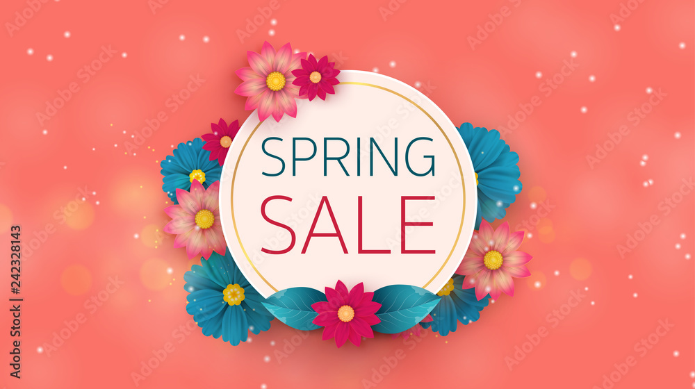 Spring Sale Banner with leaf and colorful flowers. Vector Design for ...