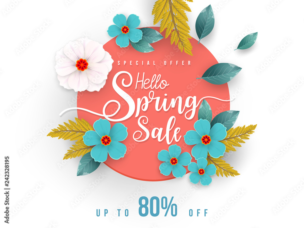 Spring Sale Banner with leaf and colorful flowers. Vector Design for ...