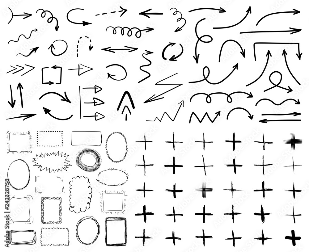 Collection of black hand drawn arrows,frames and plus symbols isolated ...
