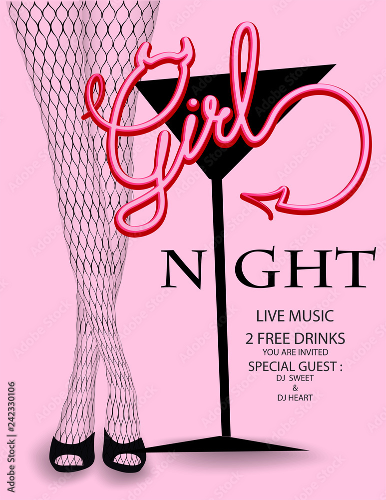 Girls night party banner with woman's legs in tights and cocktail glass ...