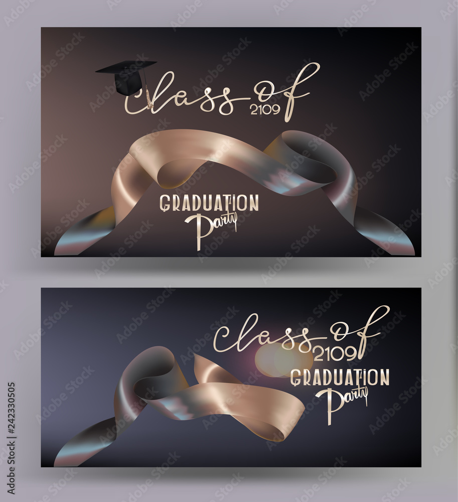 Graduation party elegant banners with two colored levitating ribbons ...