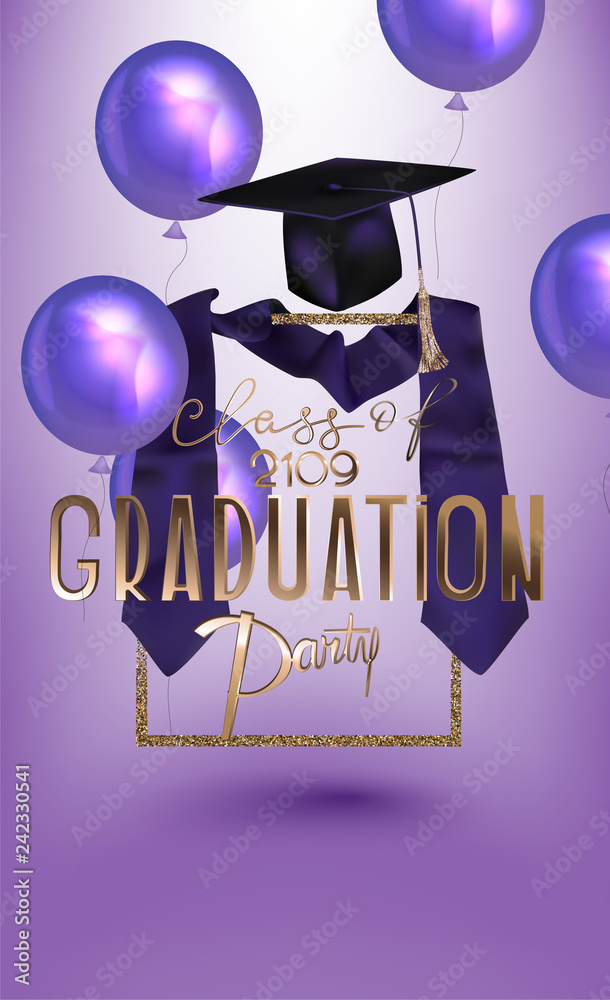 Graduation party invitation card with air balloons andobjects. Vector ...