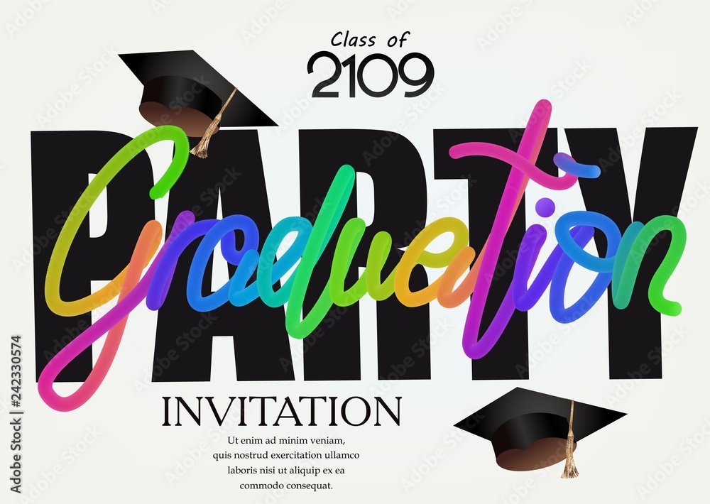 Graduation party invitation card with colorful lettering and graduation ...