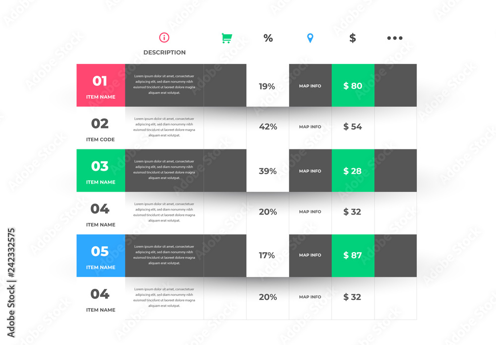 Infographic Table with Colored Rows Layout Stock Template | Adobe Stock