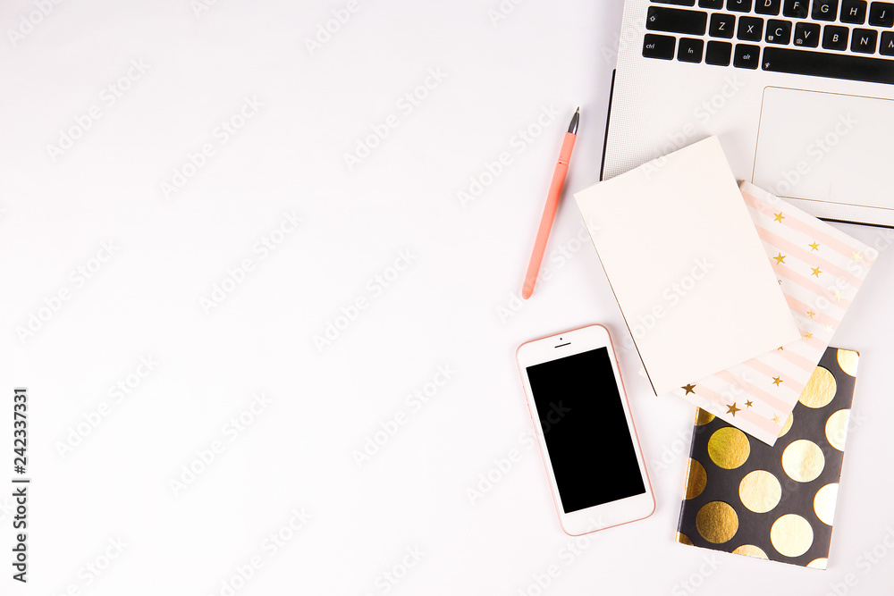 Content creator table concept. Laptop computer, modern wireless ...