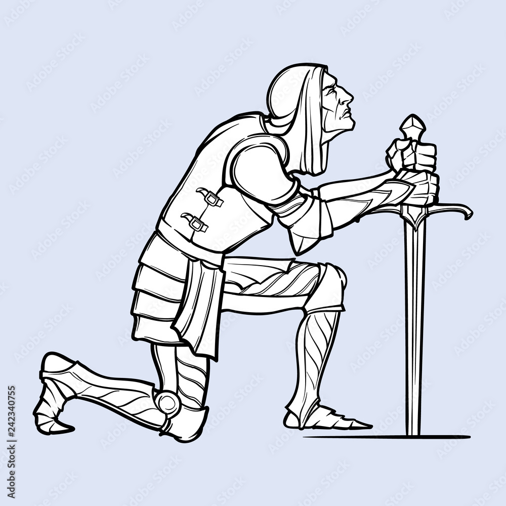Medieval knight kneeling down and offering his service. Medieval gothic ...