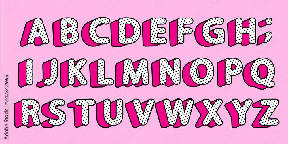 Cute black polka dots 3D english alphabet letters set. Vector LOL girly ...