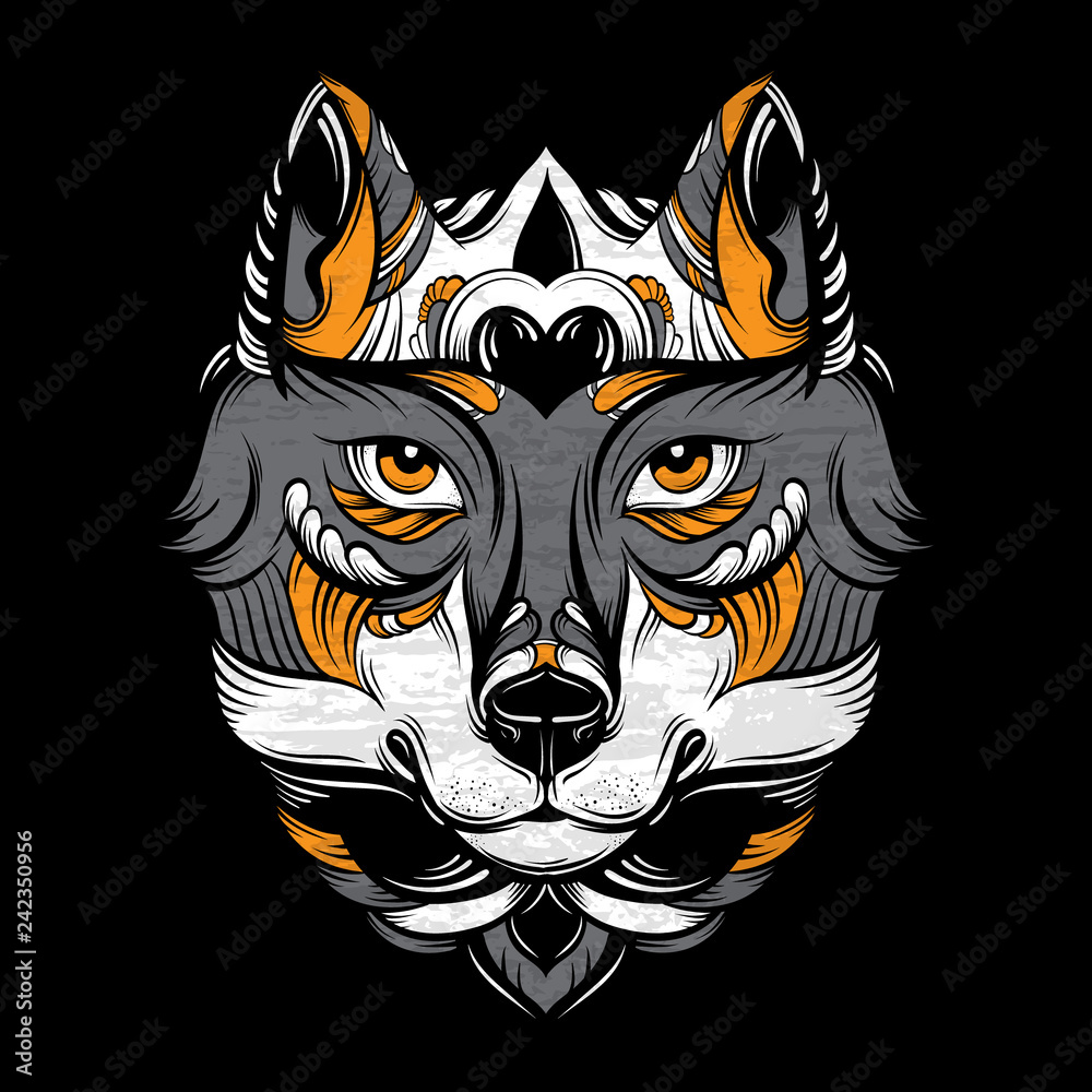 Vector hand drawn illustration of wolf with decorative elements ...