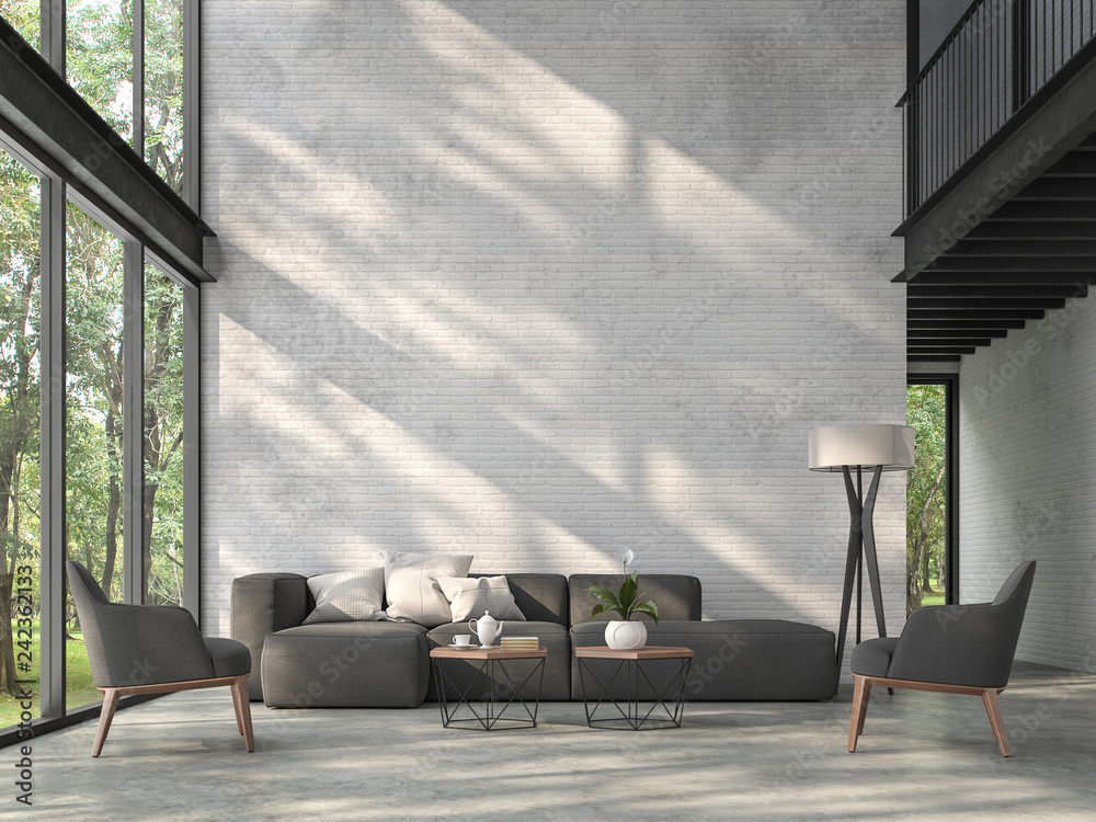 High ceiling loft living room 3d render.There are white brick wall ...