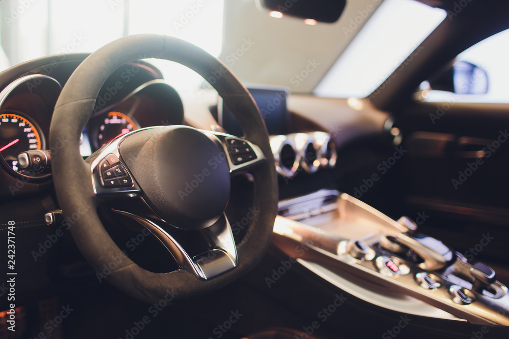 car interior. Modern car speedometer and illuminated dashboard ...