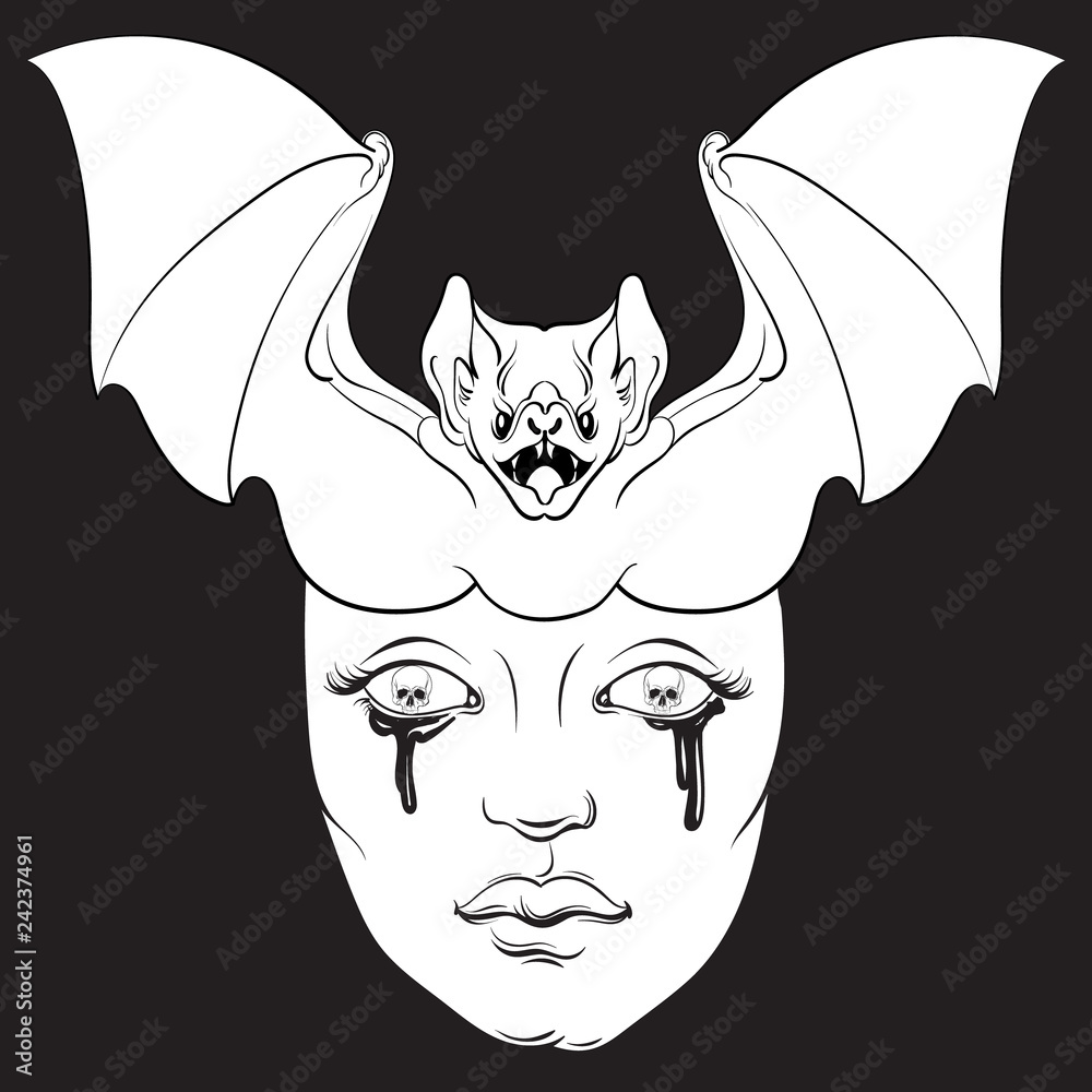 Vector illustration in hand drawn realistic style with skull and bat ...