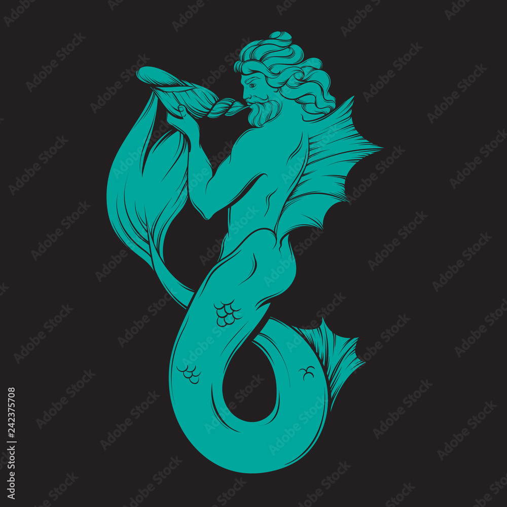 Vector hand drawn illustration of triton in realistic line style ...