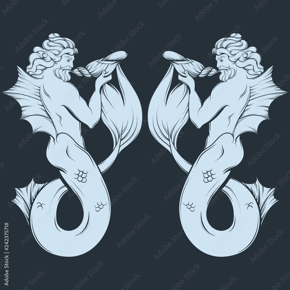 Vector hand drawn illustration of triton in realistic line style ...