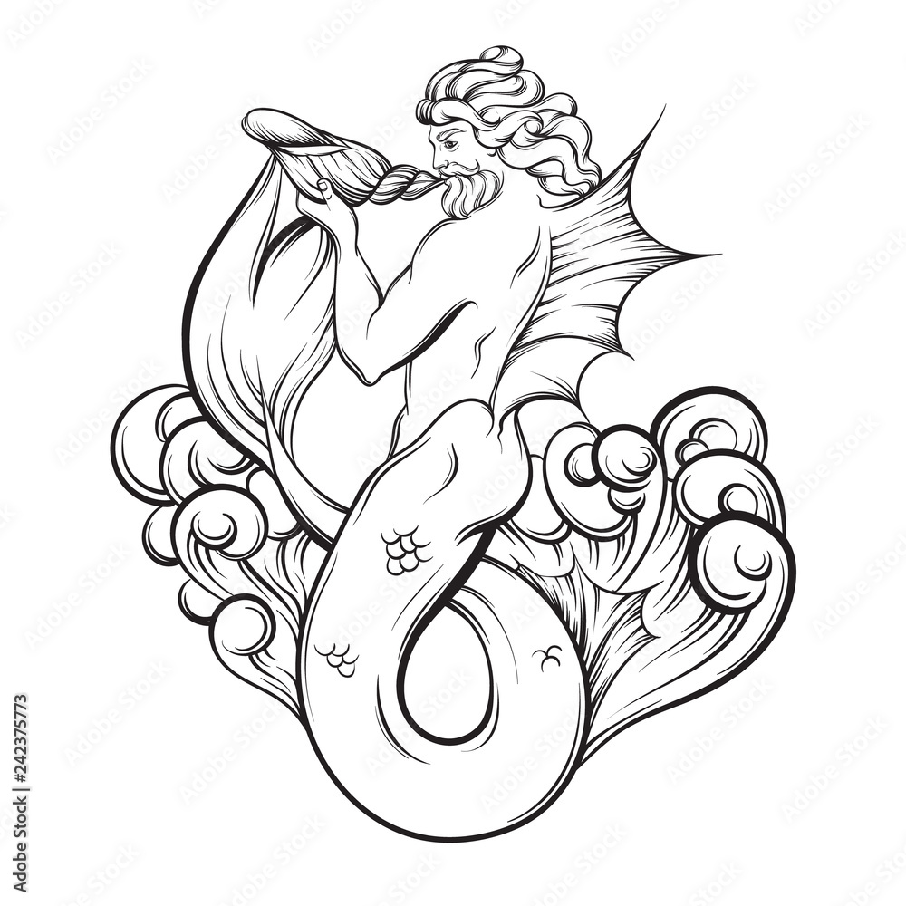 Vector hand drawn illustration of triton in realistic line style ...