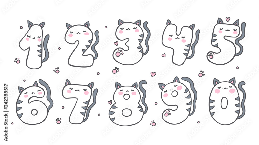 Numbers With Cartoon Cat Character Vector Set Stock Vector | Adobe Stock