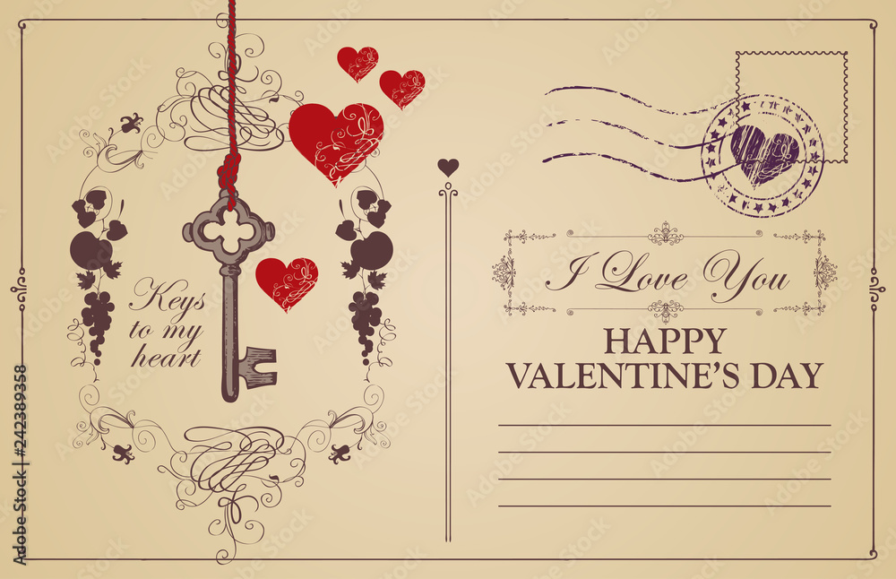 Retro valentine card in form of postcard with key and red hearts ...