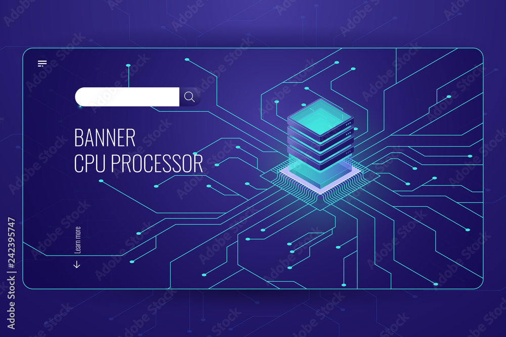 Big data processing, CPU processor isometric banner, network data ...