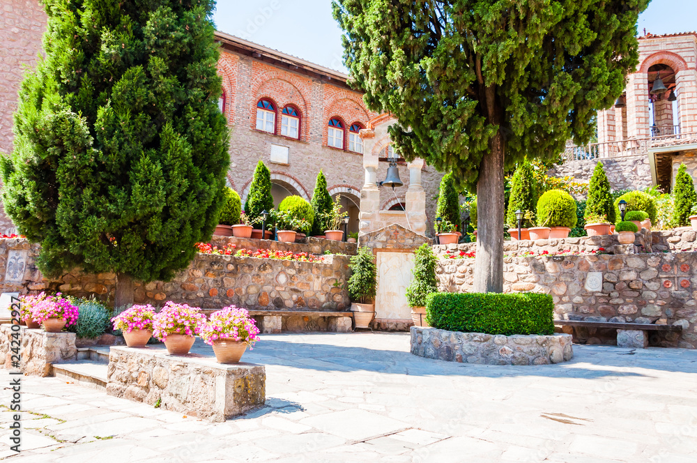 The inside courtyard of the Great Meteoron Monastery or Holy Monastery ...