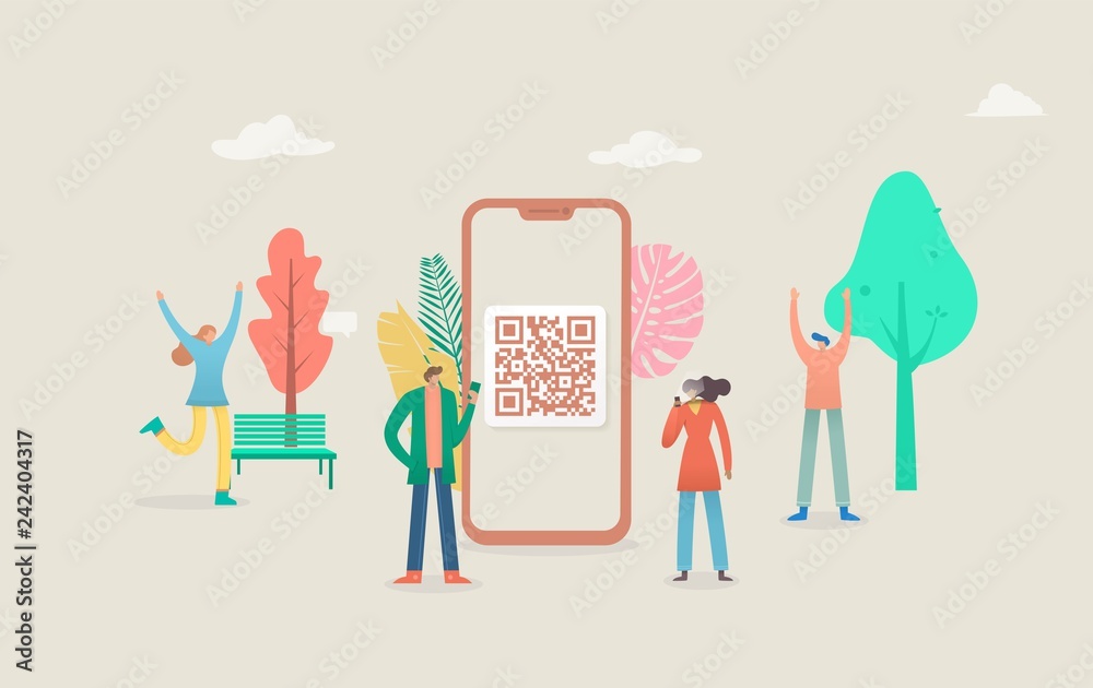 Vektorová grafika „QR code scanning vector illustration concept, people ...