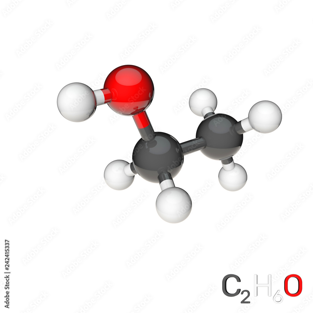 Ethanol model molecule. Isolated on white background. 3D rendering ...