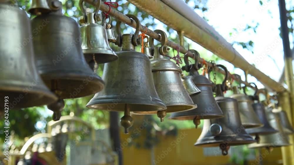 Temple Bells at Shri Southadka Temple. A temple bell have religious ...